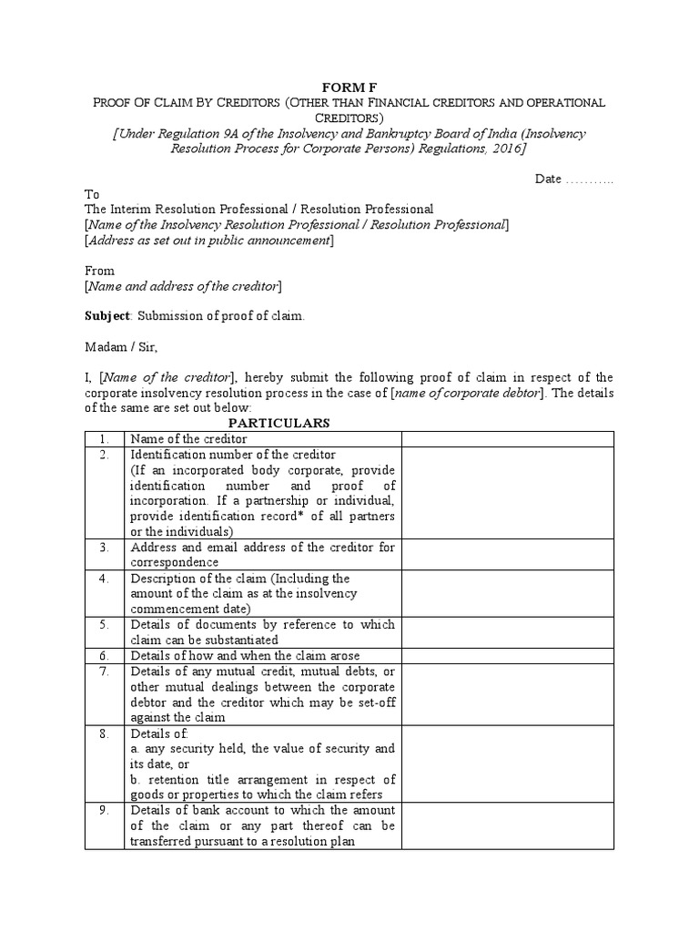 Form F | PDF | Bankruptcy | Creditor
