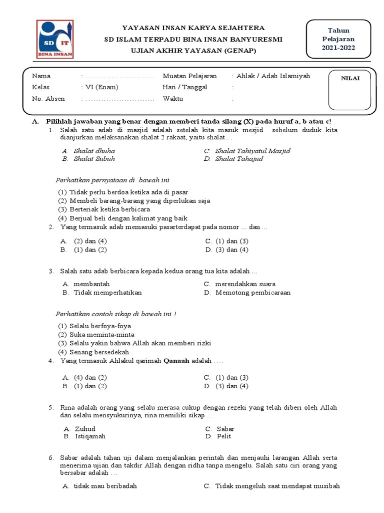 Contoh Soal Fiqih Kelas 6 (Yayasan) | PDF