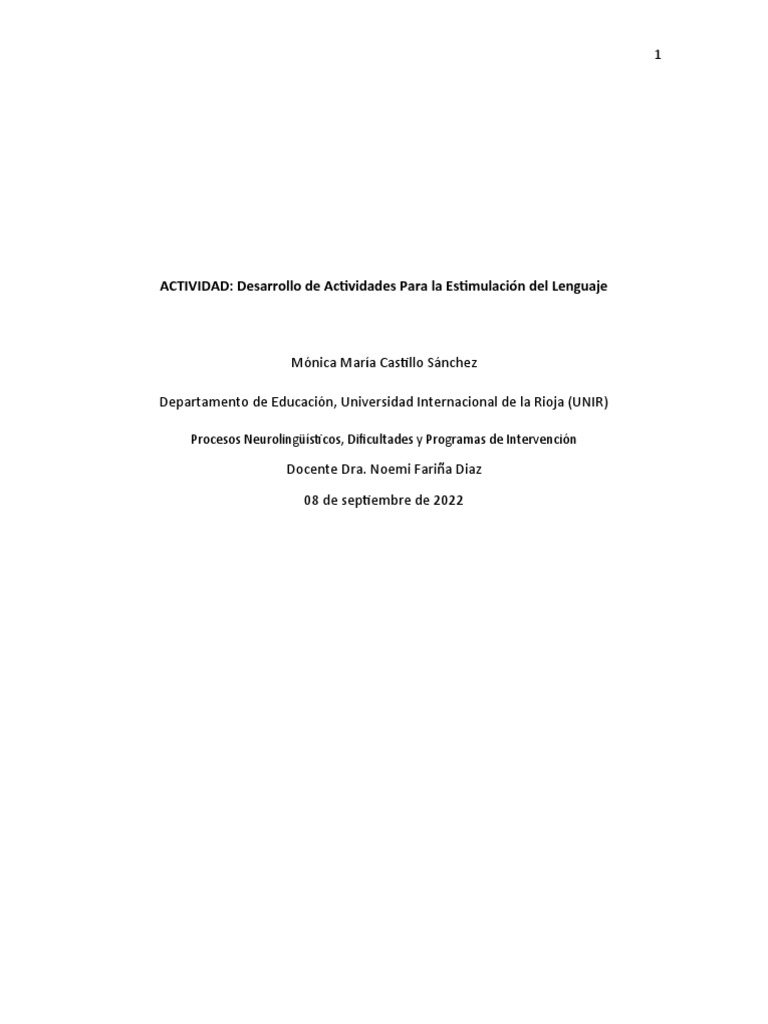 Trabajo 1. Actividad Desarrollo de Actividades para La Estimulación Del Lenguaje | PDF ...