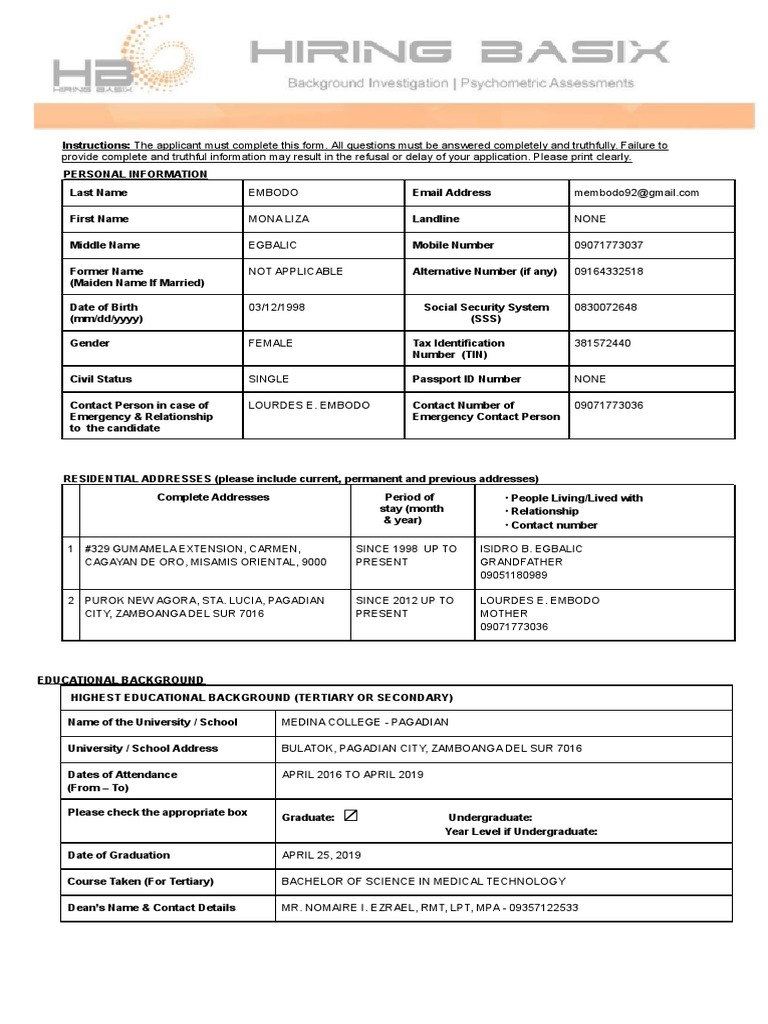 Sutherland Application Form Instructions | PDF | Background Check ...