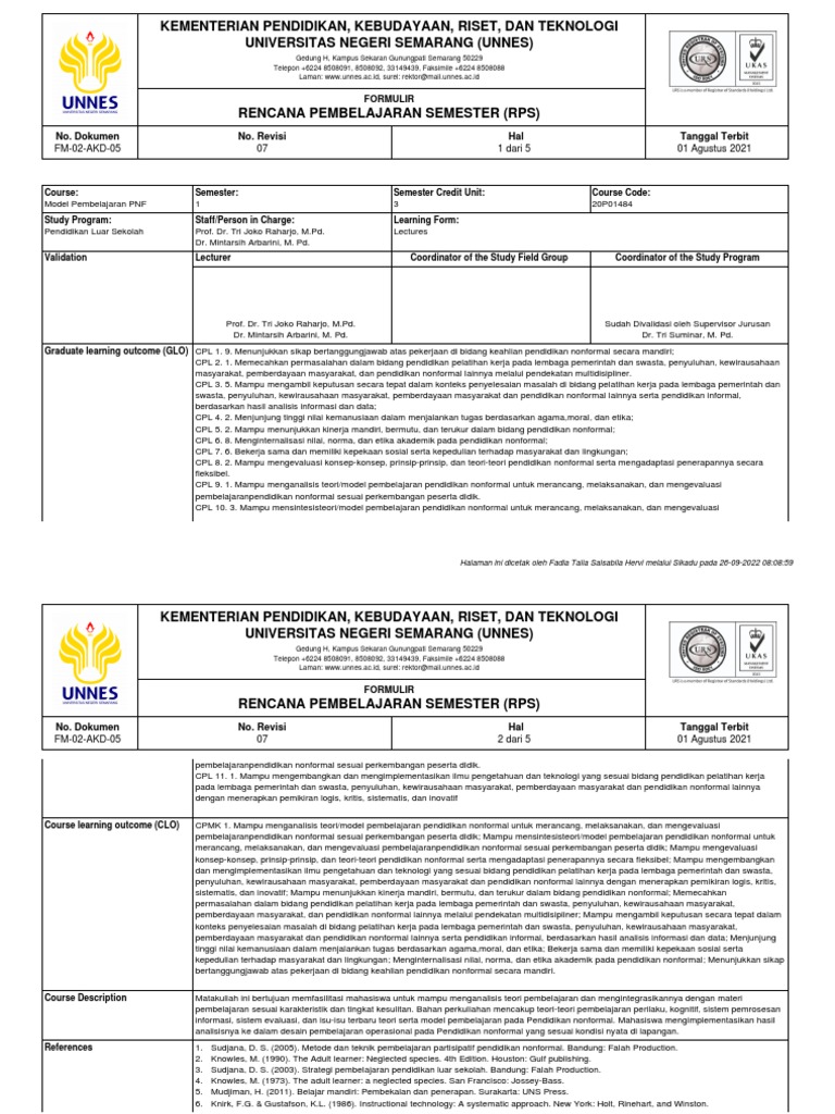 RPS Pendidikan Nonformal | PDF