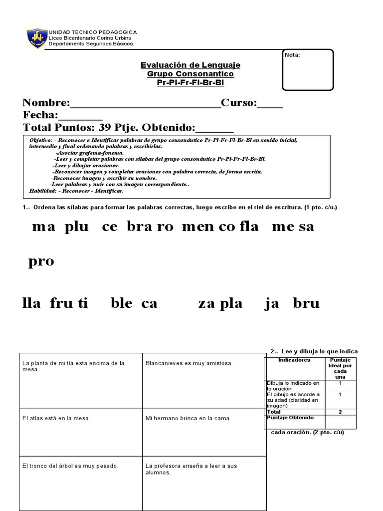 Evaluación Grupo Consonantico (Br. BL-PR-PL-FR-FL) | PDF