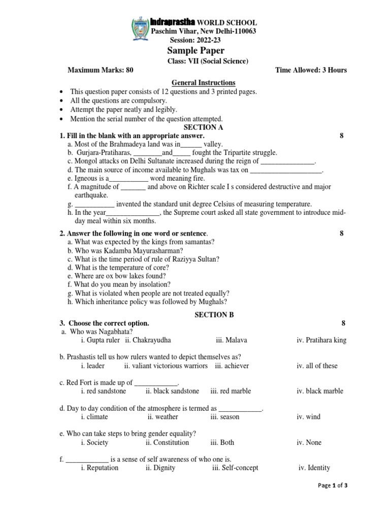 S. Science Sample Paper Class 7 | PDF | Rain | Self Concept