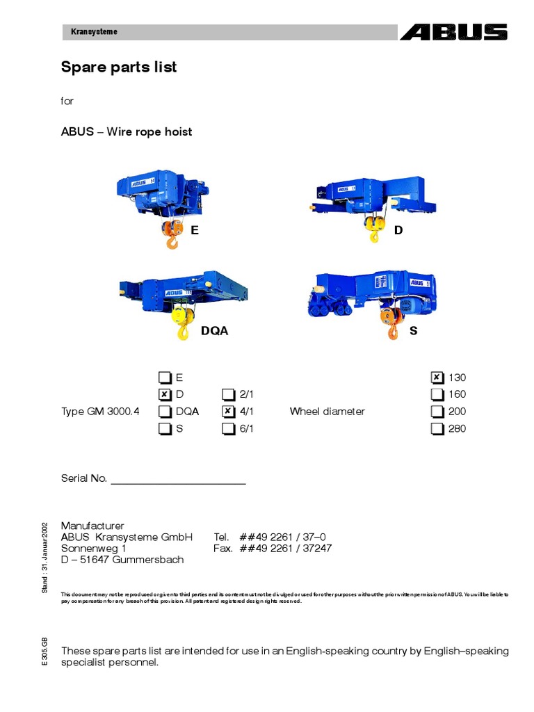 E 305 - Spare Parts List Wire Rope Hoist Type GM 3000 4 (Anglais) | PDF | Screw | Tools