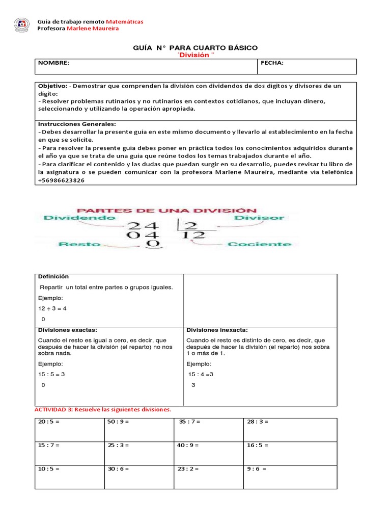 Guia Cuarto Matematicas Noviembre | PDF | Matemáticas