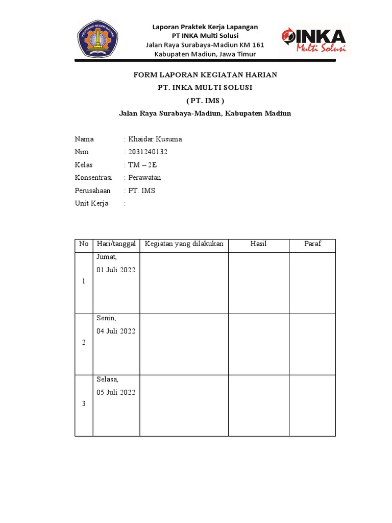 Laporan Praktek Kerja Lapangan PT IMS | PDF | Bisnis