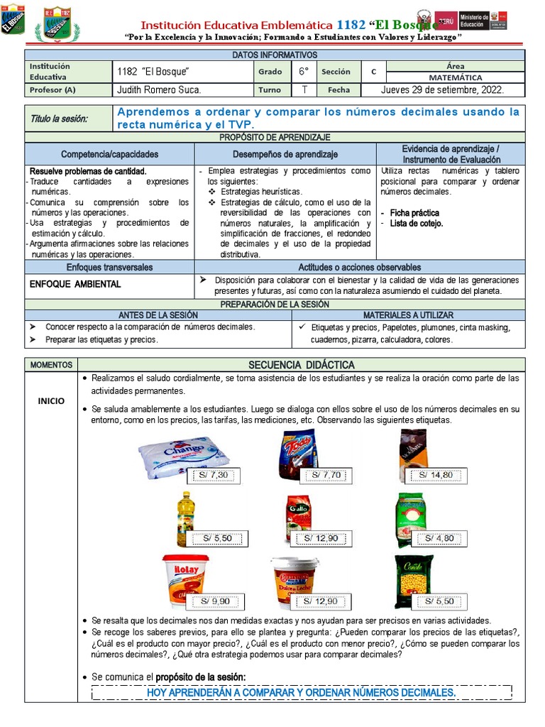SESION MATEMATICA (Aprendemos A Ordenar y Comparar Números Decimales ...