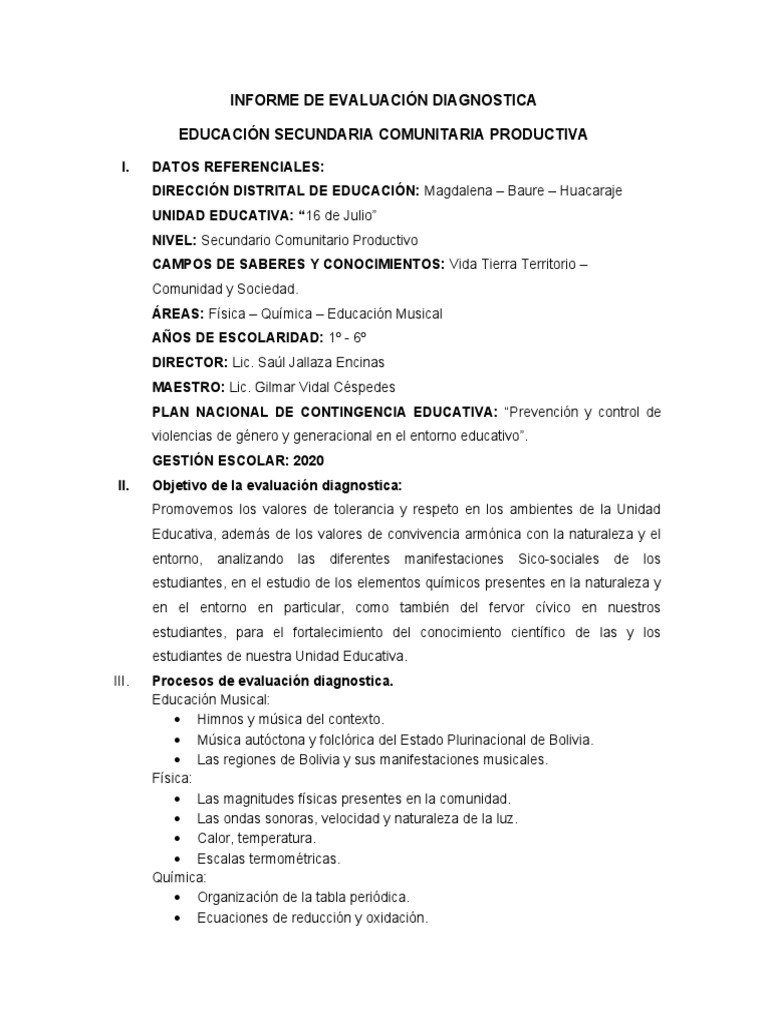 INFORME DE EVALUACIÓN DIAGNOSTICA | PDF | Evaluación | Ciencias fisicas