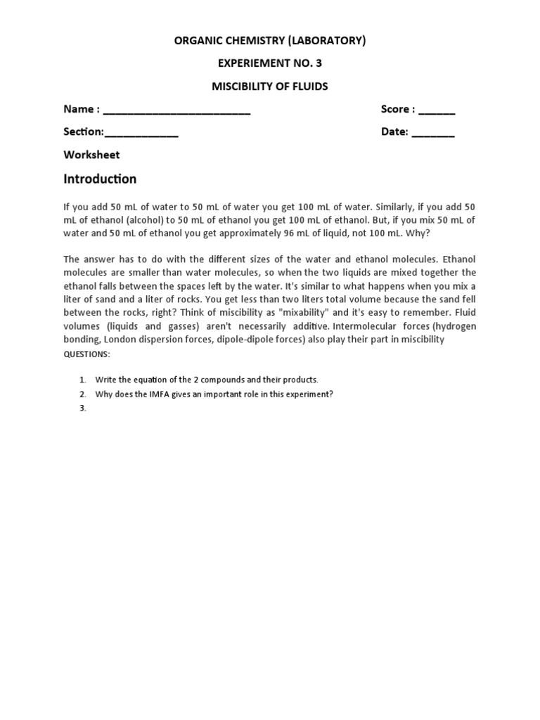 Organic Chemistry - Lab 3 Miscibility of Fluids | PDF