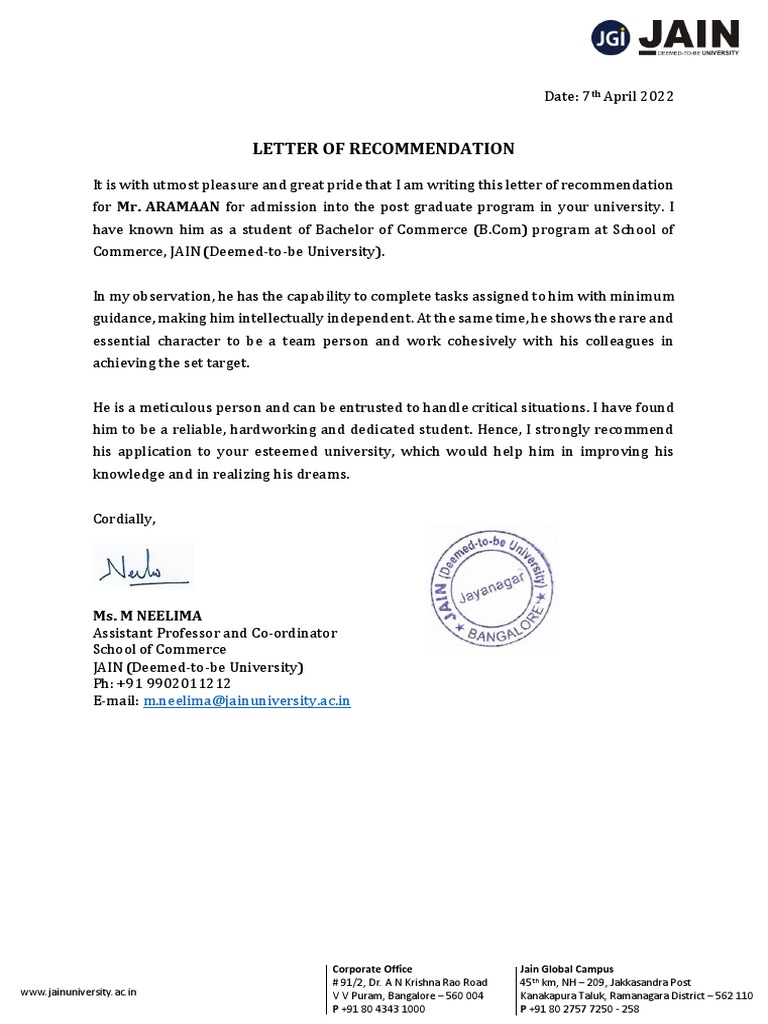 LOR for Aramaan's Postgraduate Admission | PDF | Career & Growth
