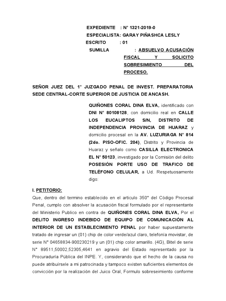 Absuelvo Acusacion Quiñones Coral Dina | PDF | Derecho penal | Justicia ...