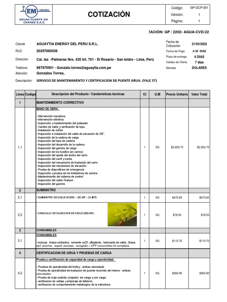 REV-3 - Cotizacion - SERVICIO DE MANTENIMIENTO Y CERTIFICACION DE PUENTE GRÙA 5T - YALE | PDF