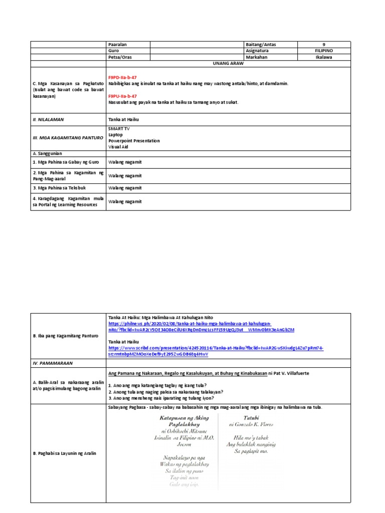 Paaralan Baitang/Antas 9 Guro Asignatura Filipino Petsa/Oras Markahan ...