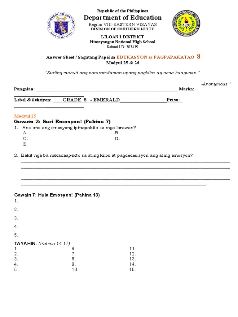 Department of Education: GRADE 8 - EMERALD - Petsa: - Gawain 2: Suri ...