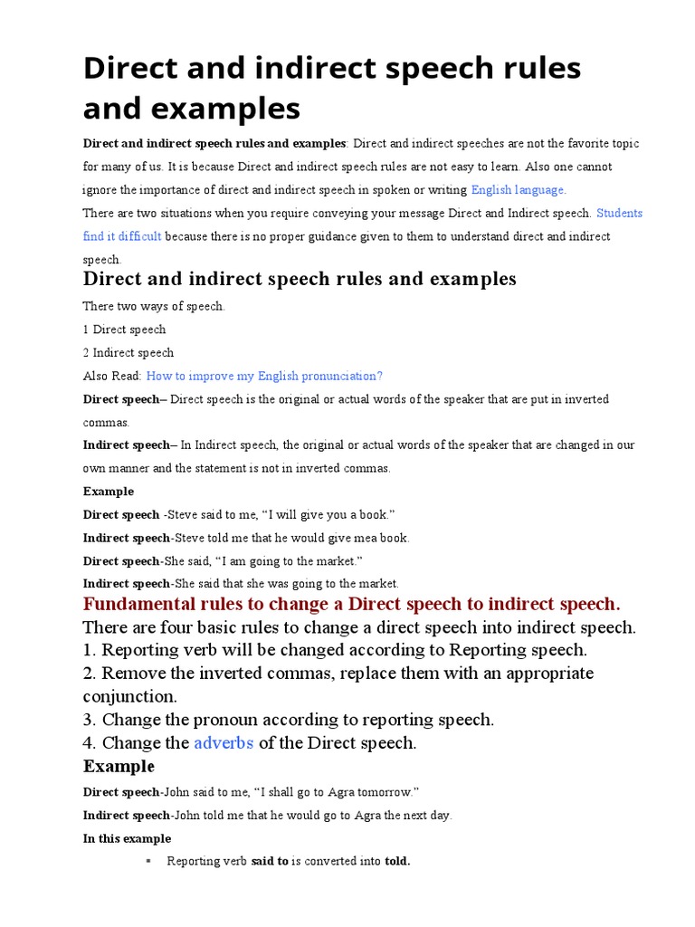 Direct and Indirect Speech Rules | PDF | Verb | Perfect (Grammar)