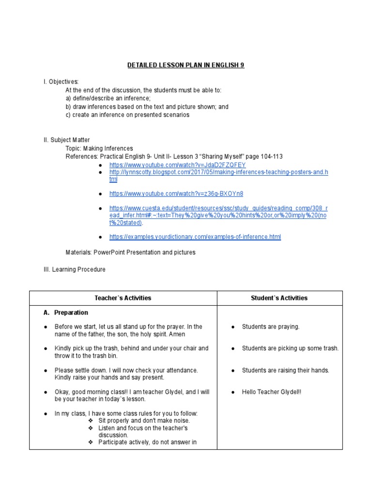 Grade 9 Inference Lesson Plan | PDF | Lesson Plan | Cognition