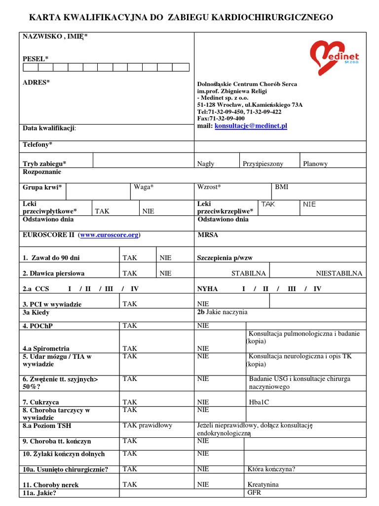 Karta Kwalifikacyjna Do Zabiegu Kardiochirurgicznego: Konsultacje@medinet - PL | PDF