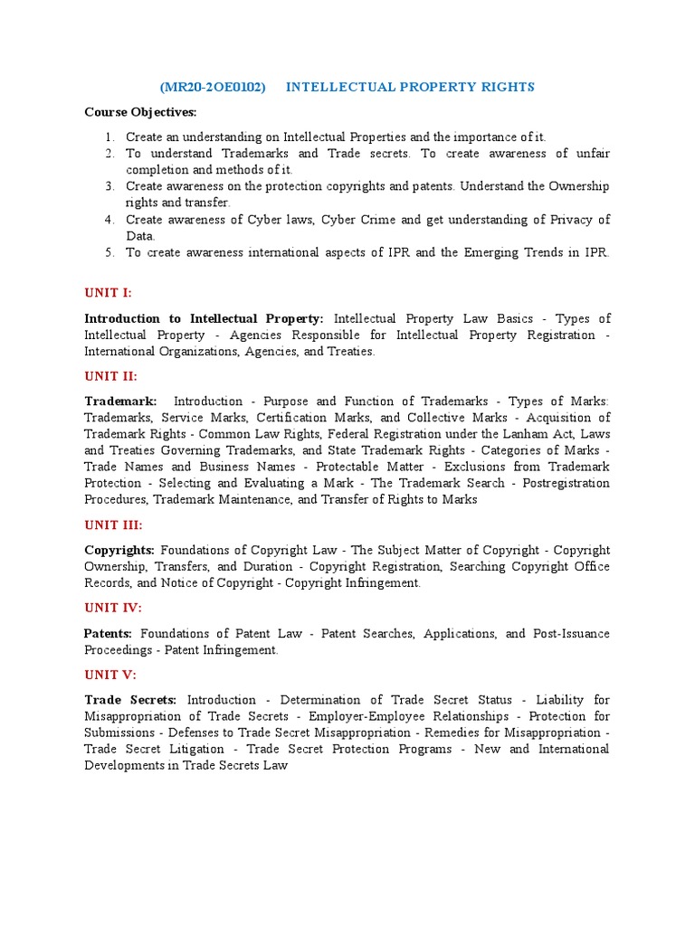 IPR Syllabus | PDF | Intellectual Property | Trademark IPR Syllabus | PDF | Intellectual Property | Trademark