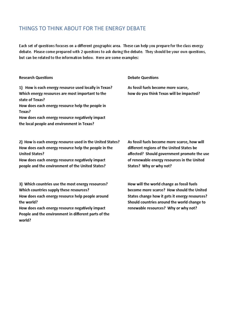 Energy Debate Preparation Questions | PDF