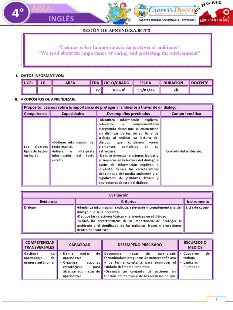 4° Sesión de Aprendizaje Sesión 2-Sem.2-Exp.4-Inglés | PDF | Aprendizaje | Entorno natural