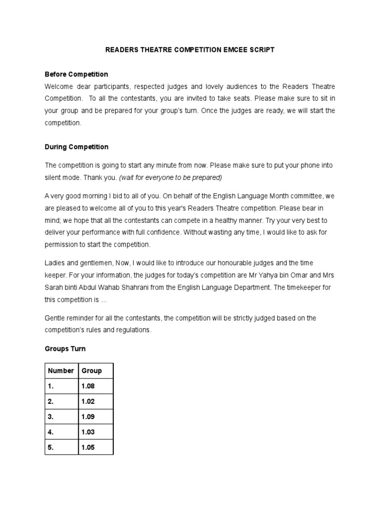 Emcee Script Readers Theatre Competition | PDF