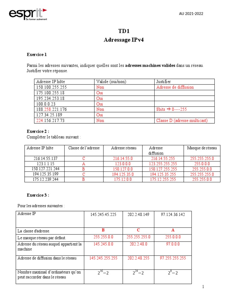 TD1 adressage-IPv4 Correction | PDF | Adresse IP | Informatique