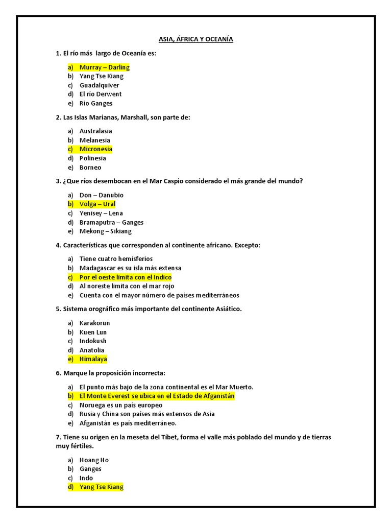 Asia, Africa y Oceania (Cuestionario) | PDF | Asia | África
