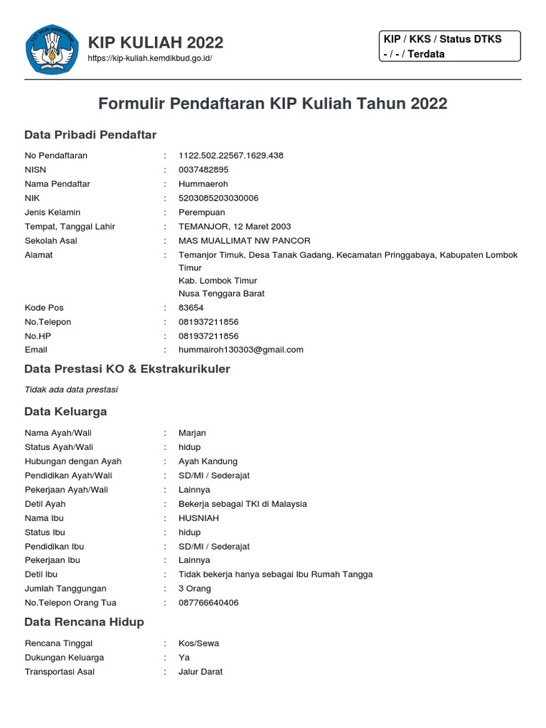 Formulir Pendaftaran KIP Kuliah Tahun 2022 | PDF