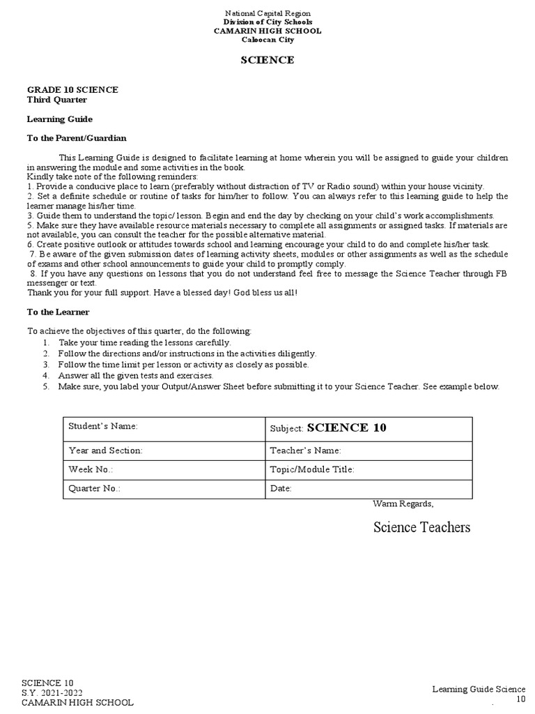 q3 w3 Science 10 Learning Guide2021 2022 | PDF | Nervous System | Brain