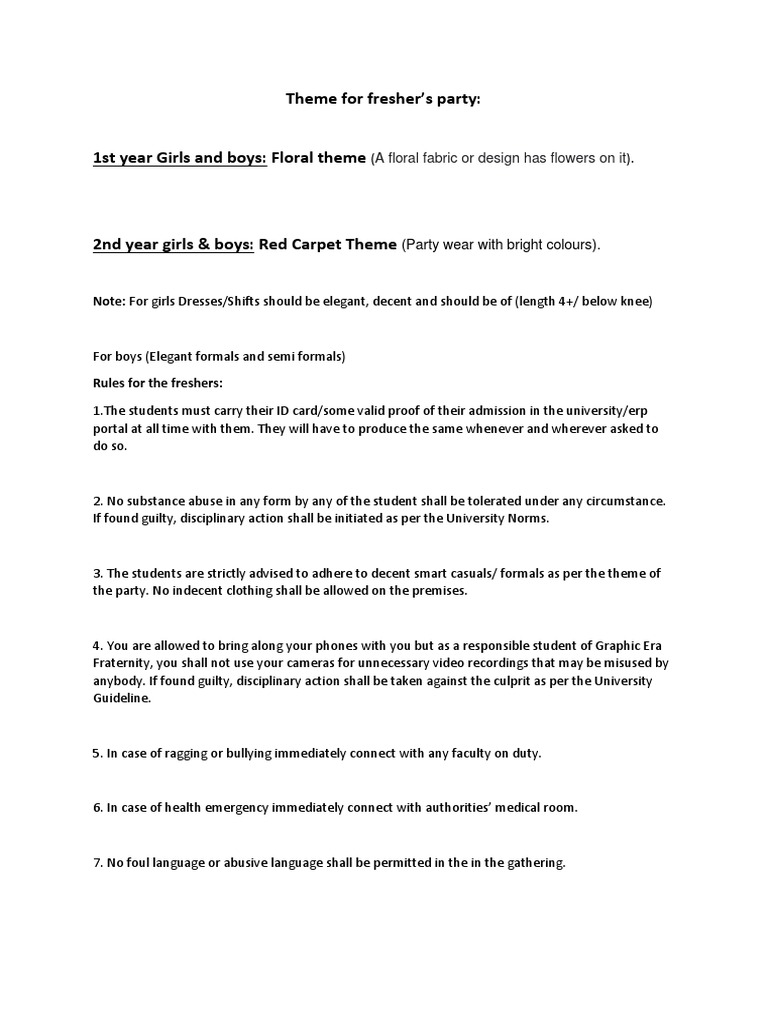Freshers Party Themes and Guidelines | PDF | Wellness