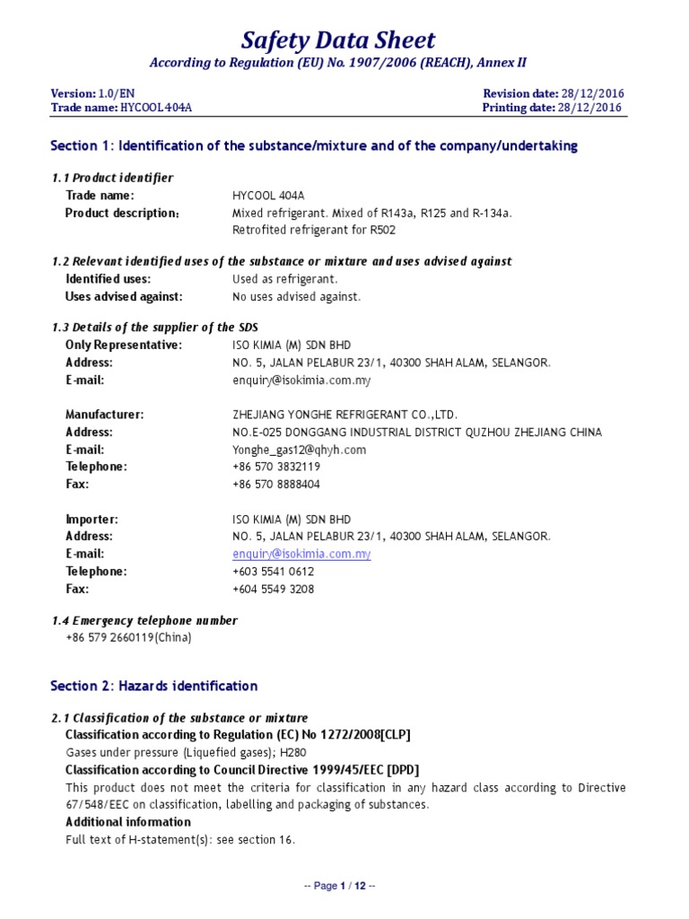 MSDS - Hycool 404a | PDF | Toxicity | Personal Protective Equipment