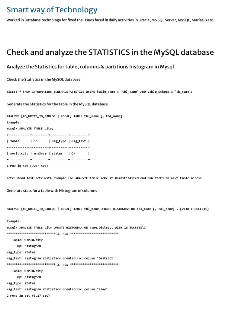 Check and Analyze The STATISTICS in The MySQL Database Smart Way of Technology | PDF | My Sql ...