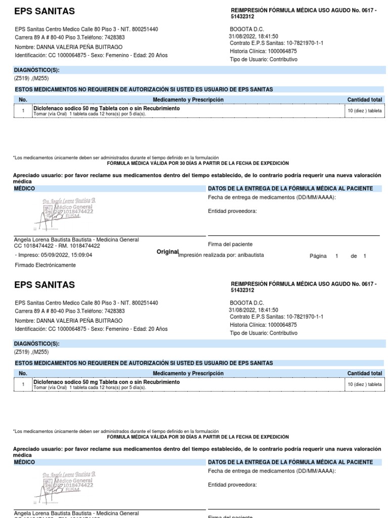 Receta médica para Danna Valeria Peña Buitrago con diagnóstico de dolor ...