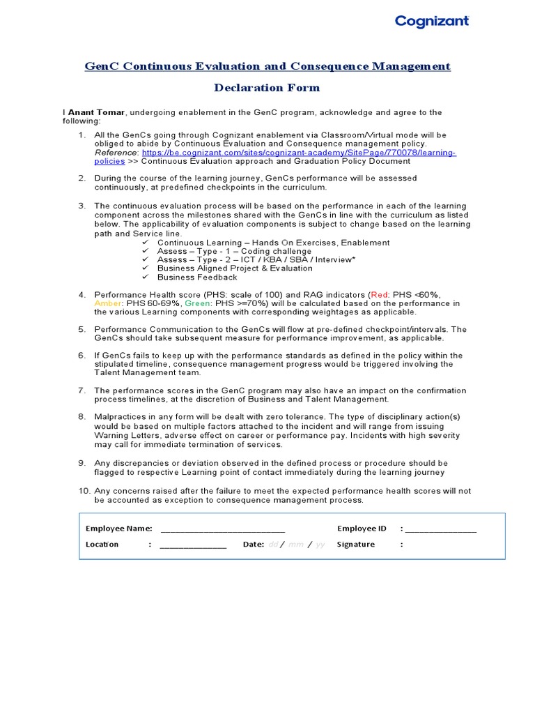 GenC Continuous Evaluation and Consequence Management Declaration Form ...