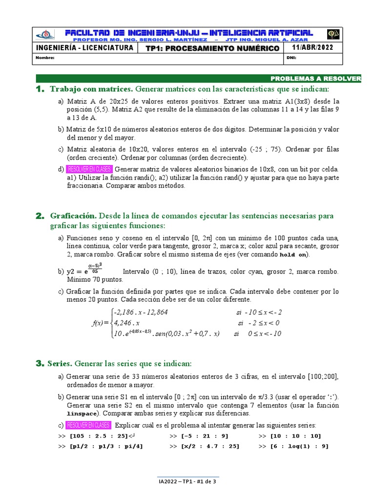 Matlab TP1 | PDF | Matriz (Matemáticas) | Álgebra lineal