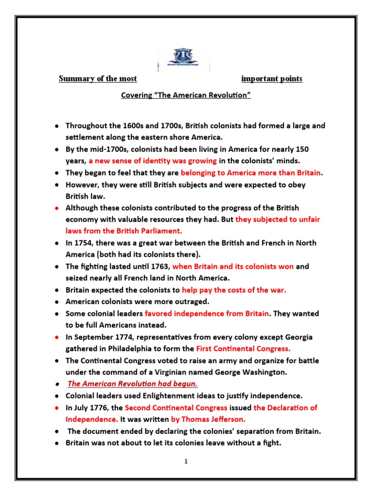Key Points of the American Revolution | PDF | Politics | History