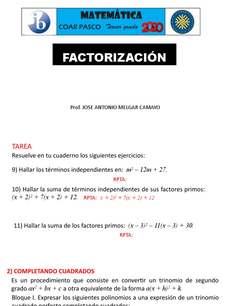 Unidad 4 - Matematica 3ro - Factorización - 2 | Descargar gratis PDF | Factorización | División ...