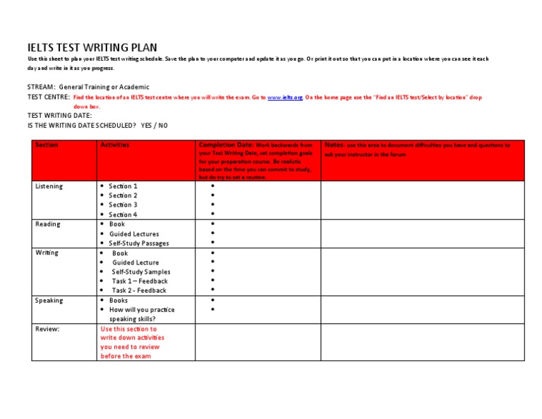 IELTS Planner Document | PDF | International English Language Testing ...