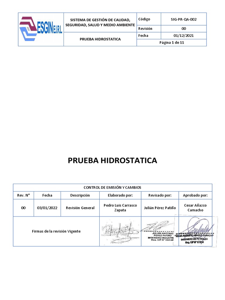 SIG-PR-QA-002 - Prueba Hidrostatica | PDF | Agua | Corrosión