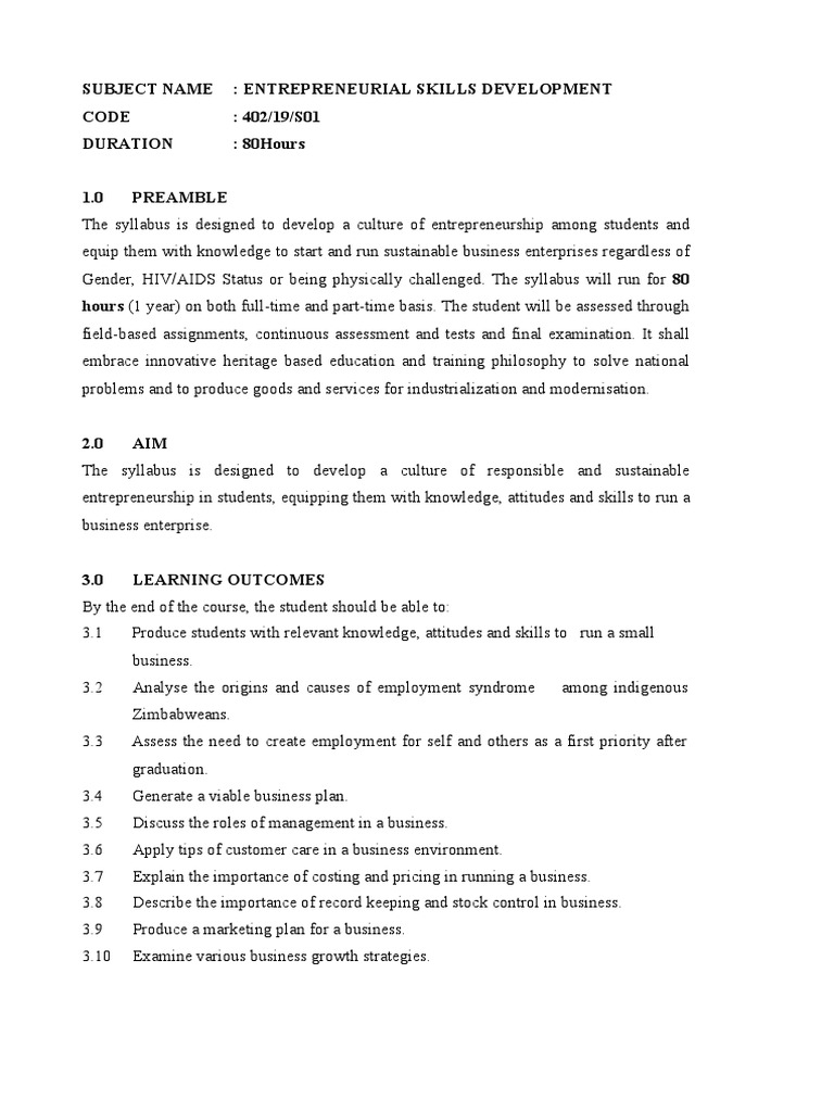 Developing Entrepreneurial Skills: An 80-Hour Syllabus for Equipping ...