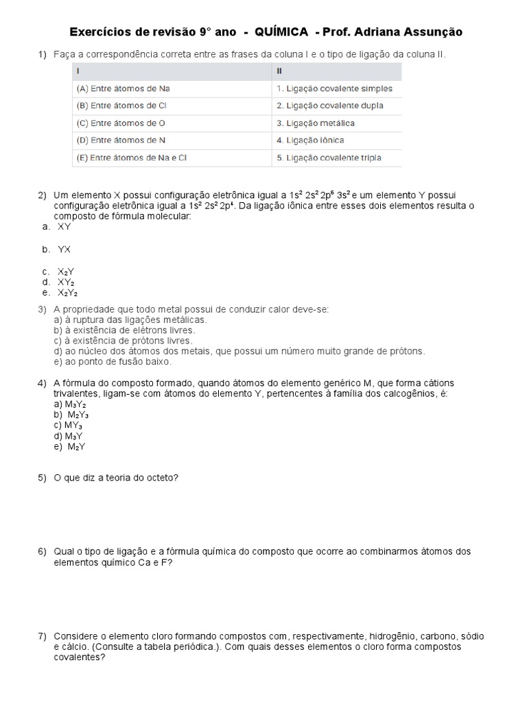 Exercícios de Revisão QUÍMICA 9 Ano | PDF | Ligação química | Moléculas