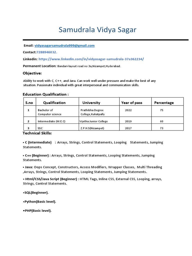 Vidyasagar Resume 7200TS-4 | PDF | Java Script | Sql