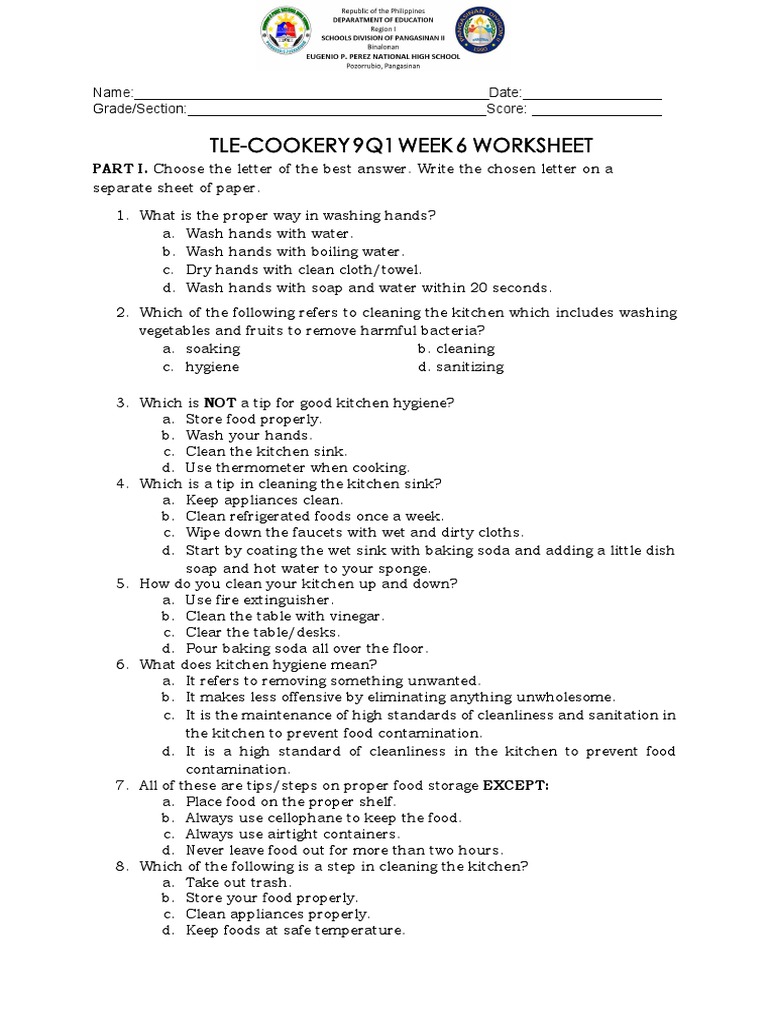 Kitchen Hygiene and Cleanliness Worksheet | PDF | Foods | Hygiene