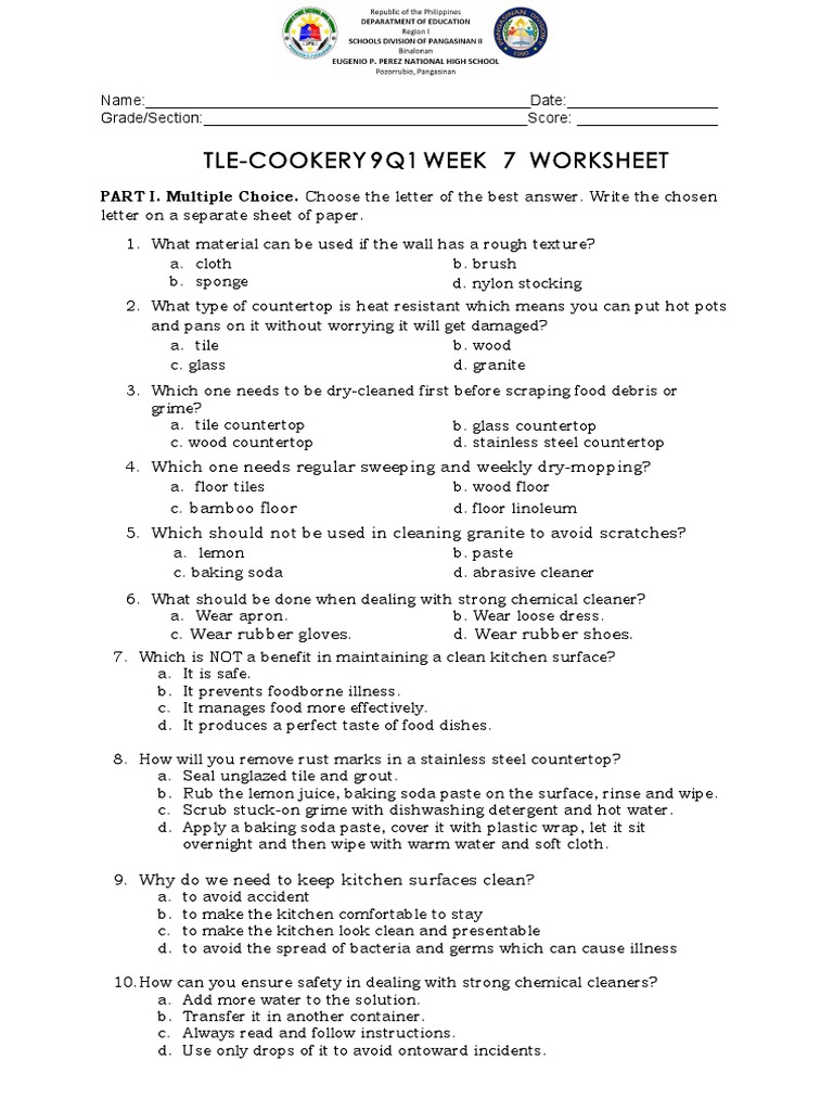 Tle9cookery - q1 - m7 - Cleaningkitchensurfaces - v3 Worksheet | PDF ...