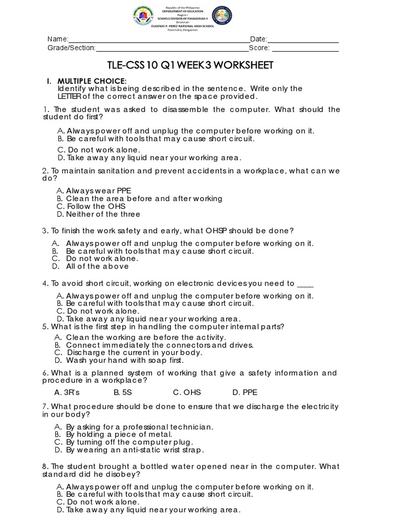 Tle Te 10 Q1 W3 Mod3 Ict Css Worksheet Pdf Occupational Safety And Health Workplace