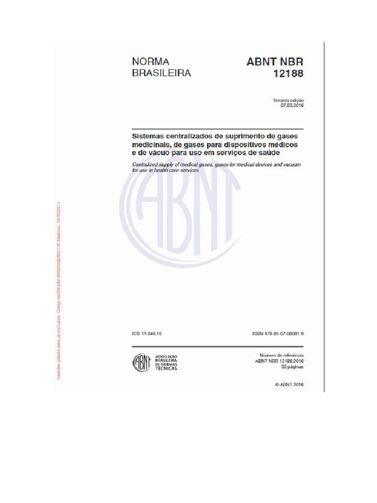 ABNT NBR 12188-2016 - Sistemas Centralizados de Suprimento de Gases ...