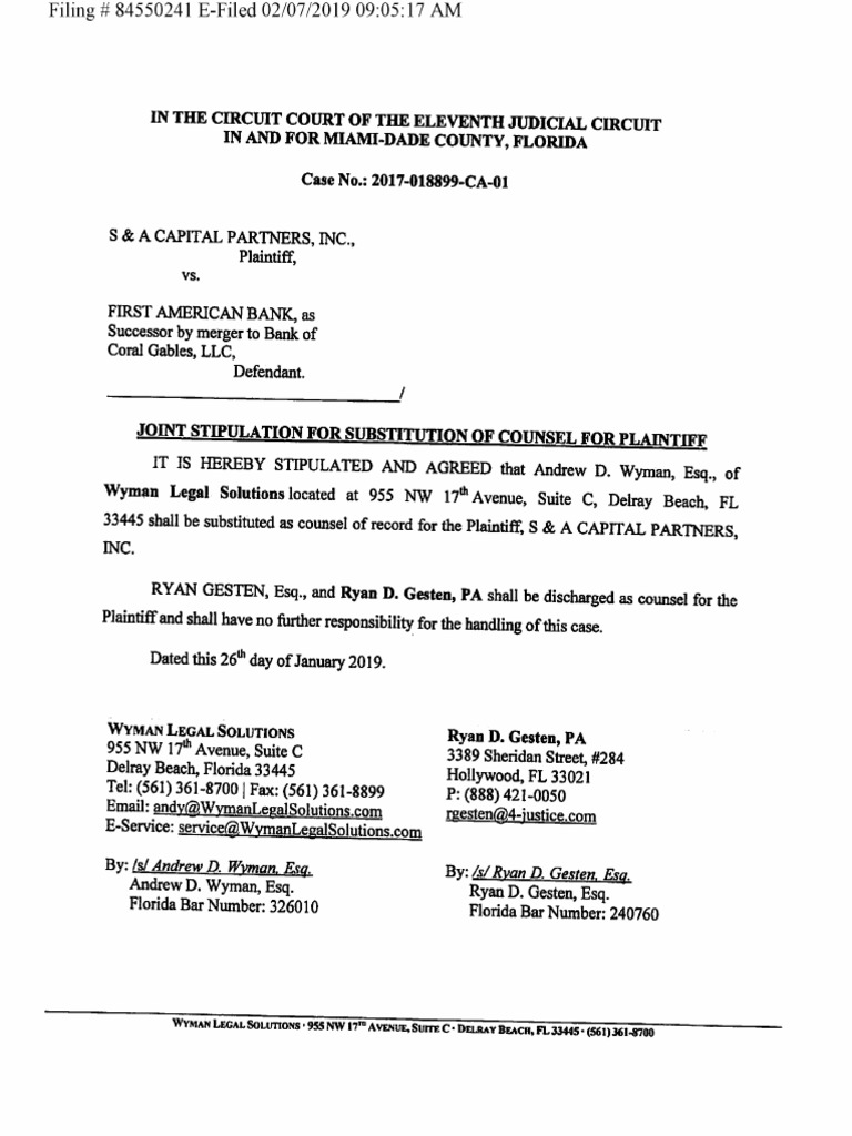 (17-018899 16) Joint Stipulation For Substitution of Counsel For ...