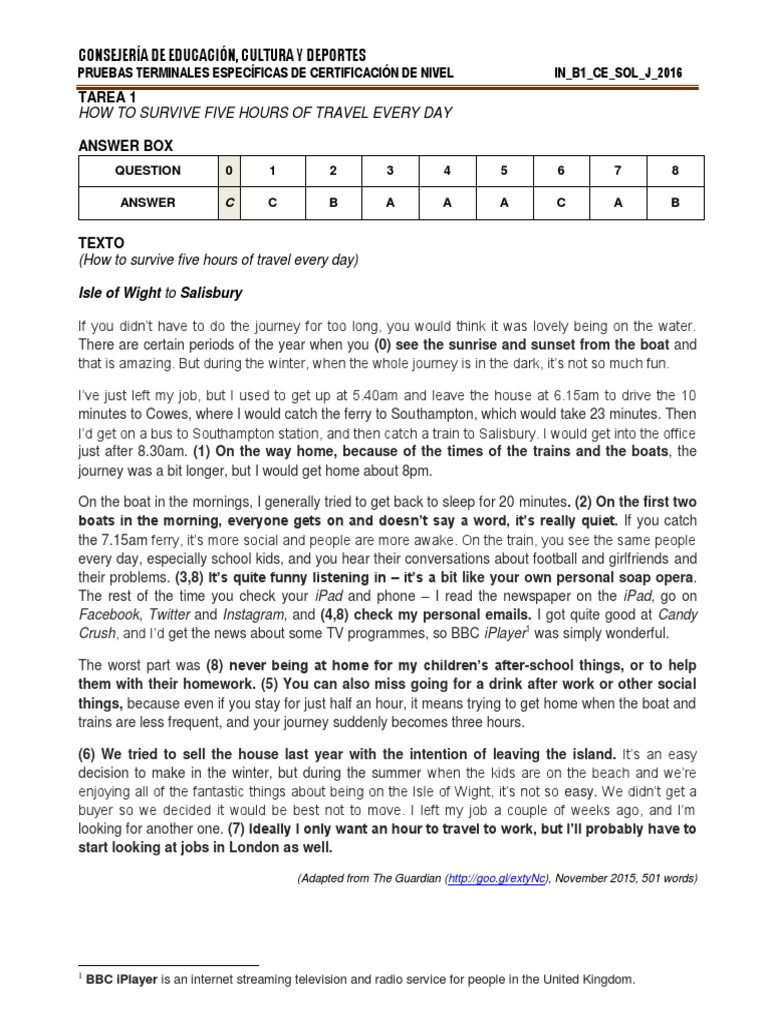 Inglés Intermedio-B1. Comprensión Escrita. Soluciones | PDF | Hotel