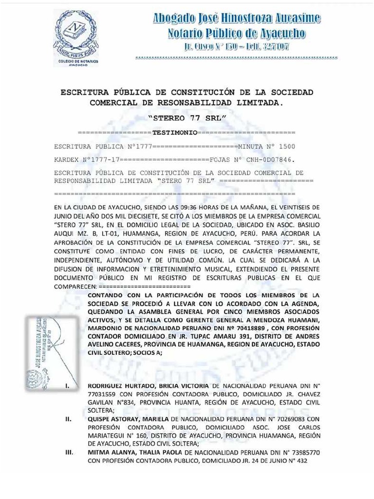 Escritura Publica de Constitucion de La Sociedad Comercial de Responsabilidad Limitada | PDF