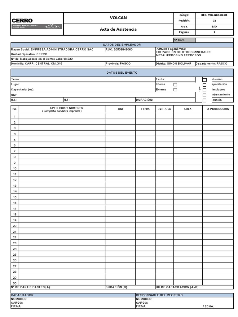 REG-VOL-GLO-07-01 Acta de Asistencia | PDF